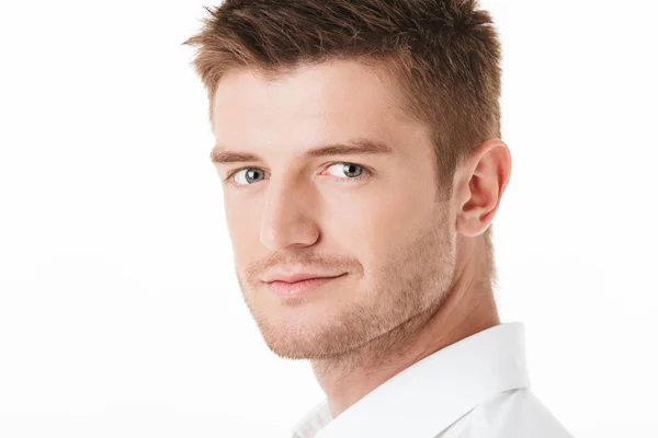 Close Portrait Smiling Young Man Looking Camera Isolated White ...