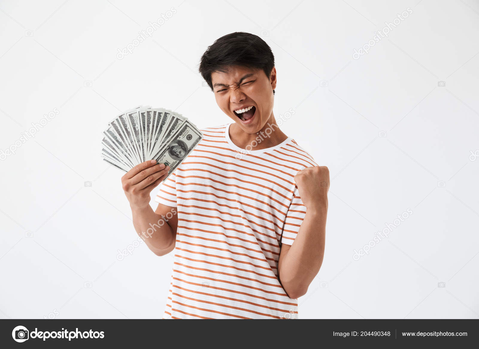 Portrait Cheerful Asian Man Holding Money Banknotes Celebrating ...