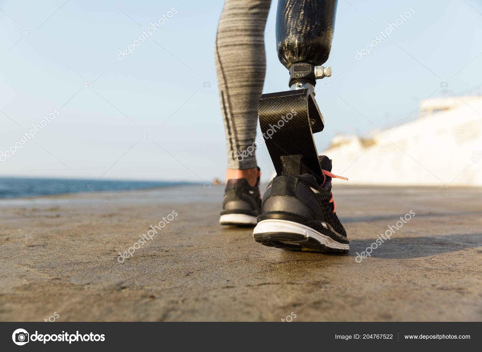Close Back View Disabled Athlete Woman Prosthetic Leg Walking Beach ...