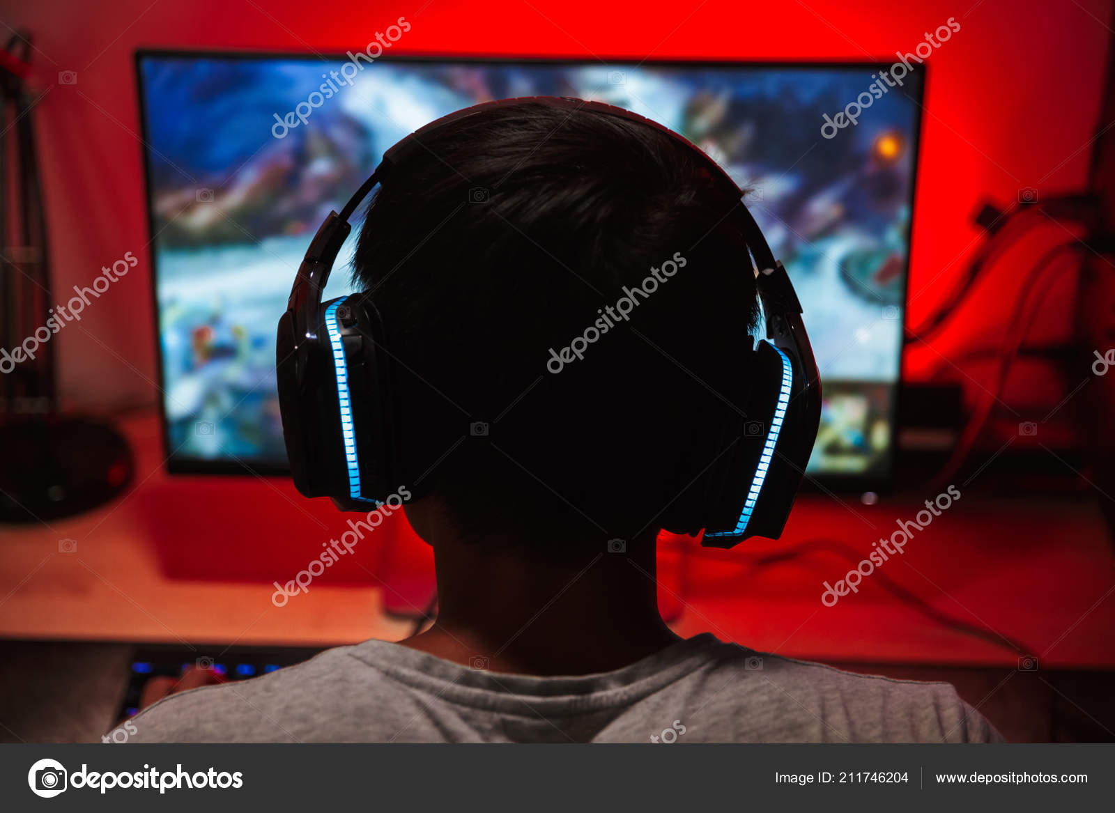 Portrait Back Young Gamer Guy Looking Screen Playing Video Games Stock ...