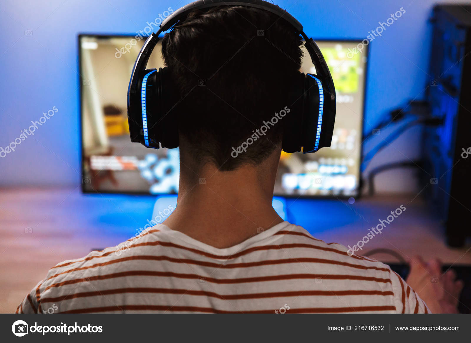 Back View Young Gamer Playing Video Games Computer While Sitting Stock ...