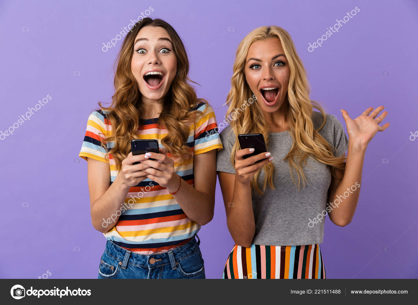 Two Pretty Excited Young Girls Friends Standing Isolated Violet ...