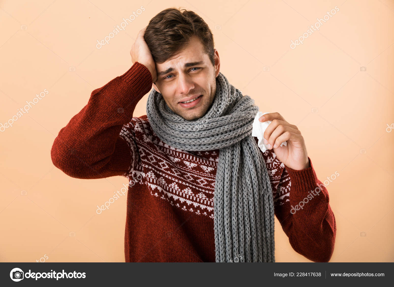 Portrait Sick Young Man Dressed Sweater Scarf Isolated Beige Background ...