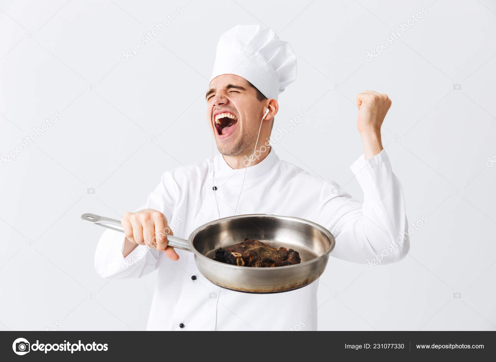 Cheerful Chef Cook Wearing Uniform Showing Frying Pan Cooked Beef ...