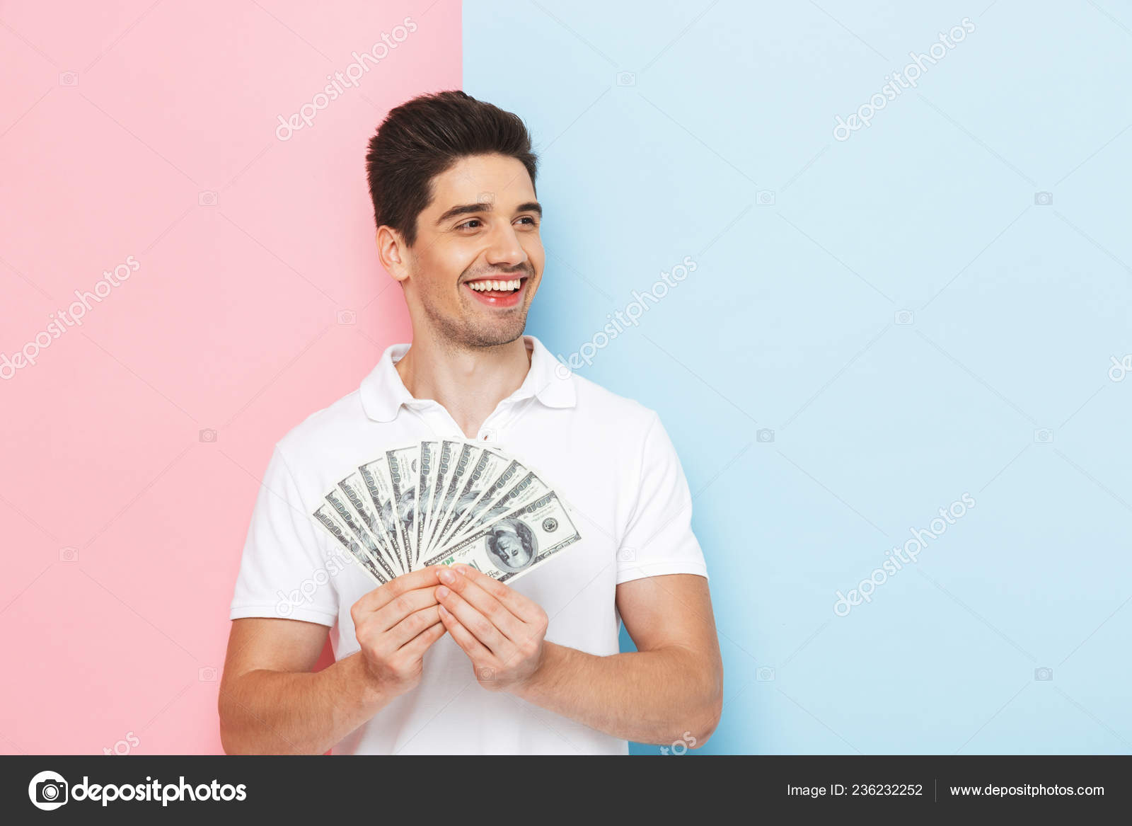 Smiling Young Man Standing Isolated Two Colored Background Showing ...