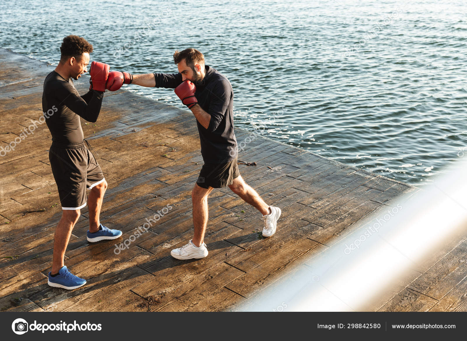 Concentrated handsome strong two young sports men boxers friends at the ...