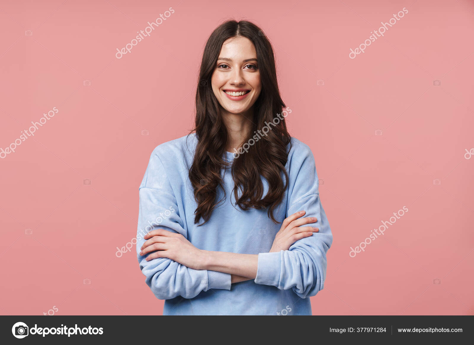 Image Attractive Young Woman Long Brown Hair Smiling Standing Arms