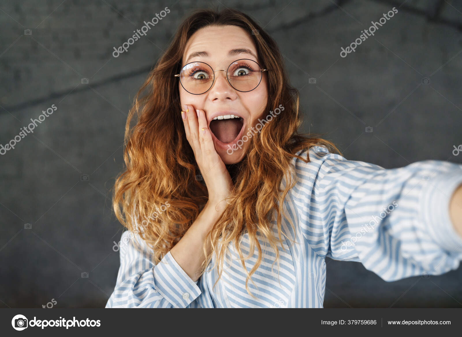 Image Delighted Caucasian Woman Expressing Surprise While Taking Selfie ...