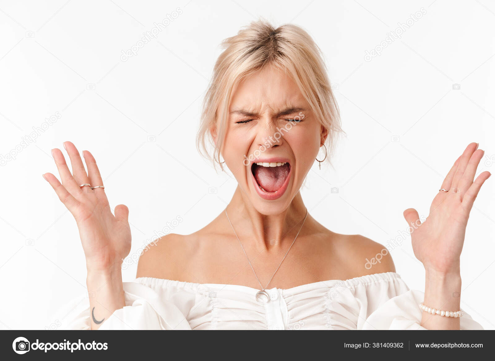 Image Beautiful Nervous Woman Earrings Screaming Throwing Hands ...