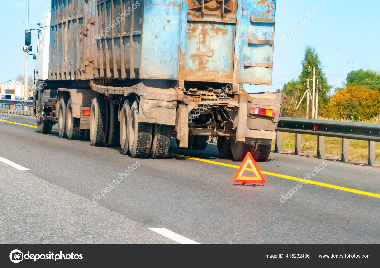 Old Truck Stands Broken Highway Putting Emergency Stop Sign Clear ...