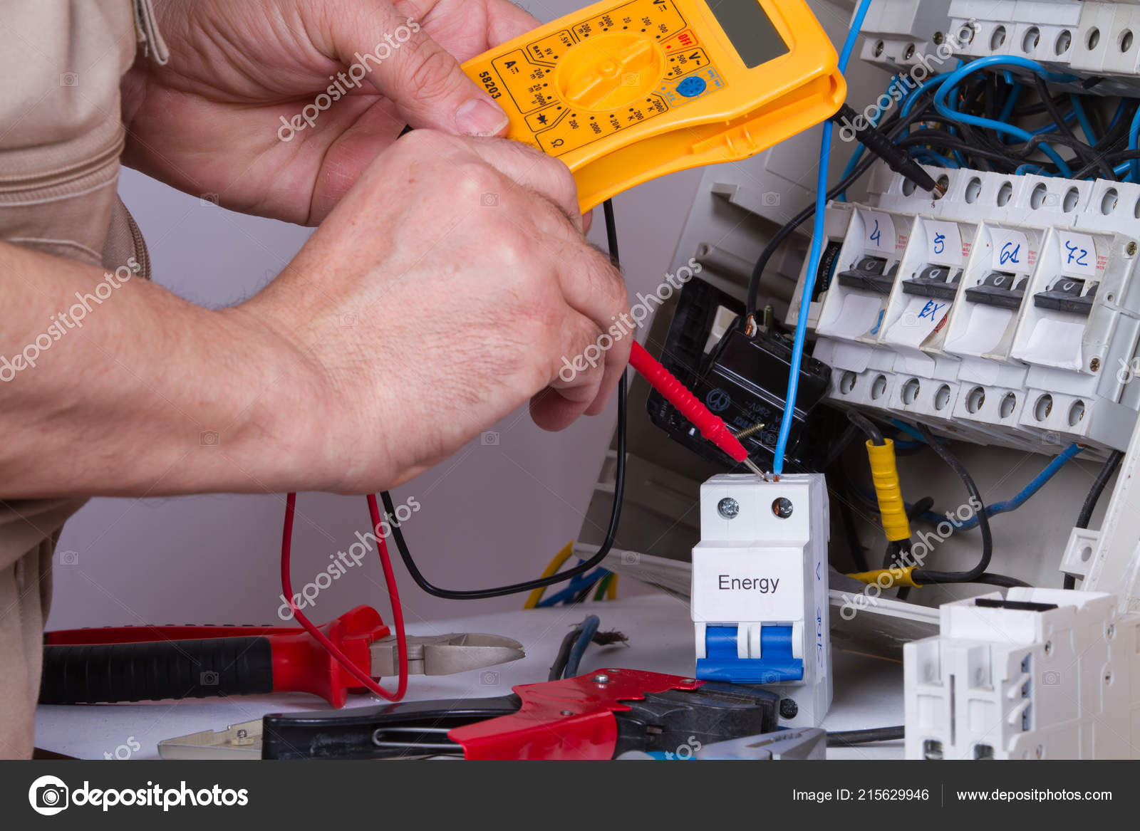 Electrician Fixing Electrical Devices Different Tools — Stock Photo ...
