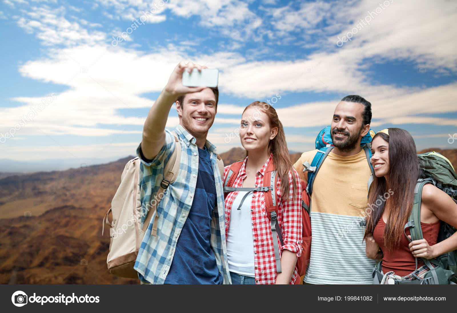 Friends with backpack taking selfie by smartphone — Stock Photo © Syda ...