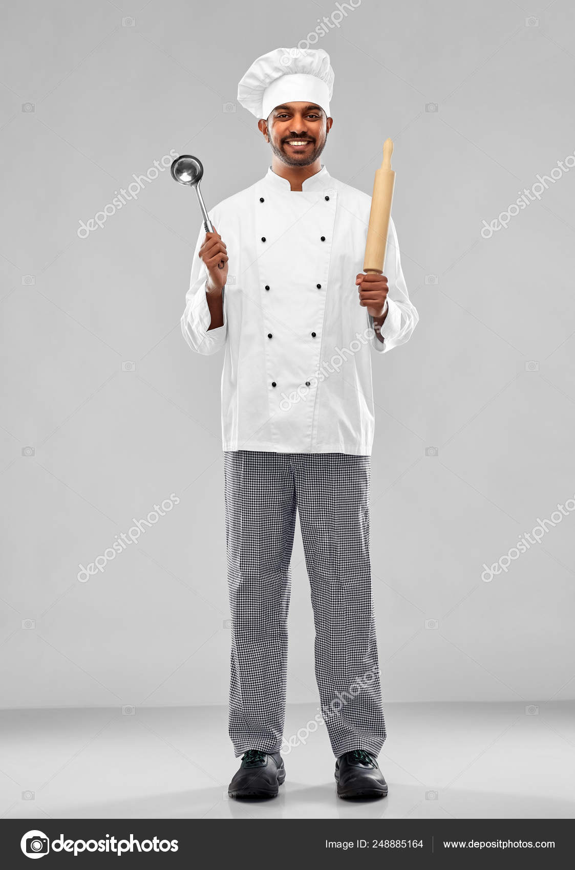 Happy indian chef with ladle and rolling-pin — Stock Photo © Syda ...