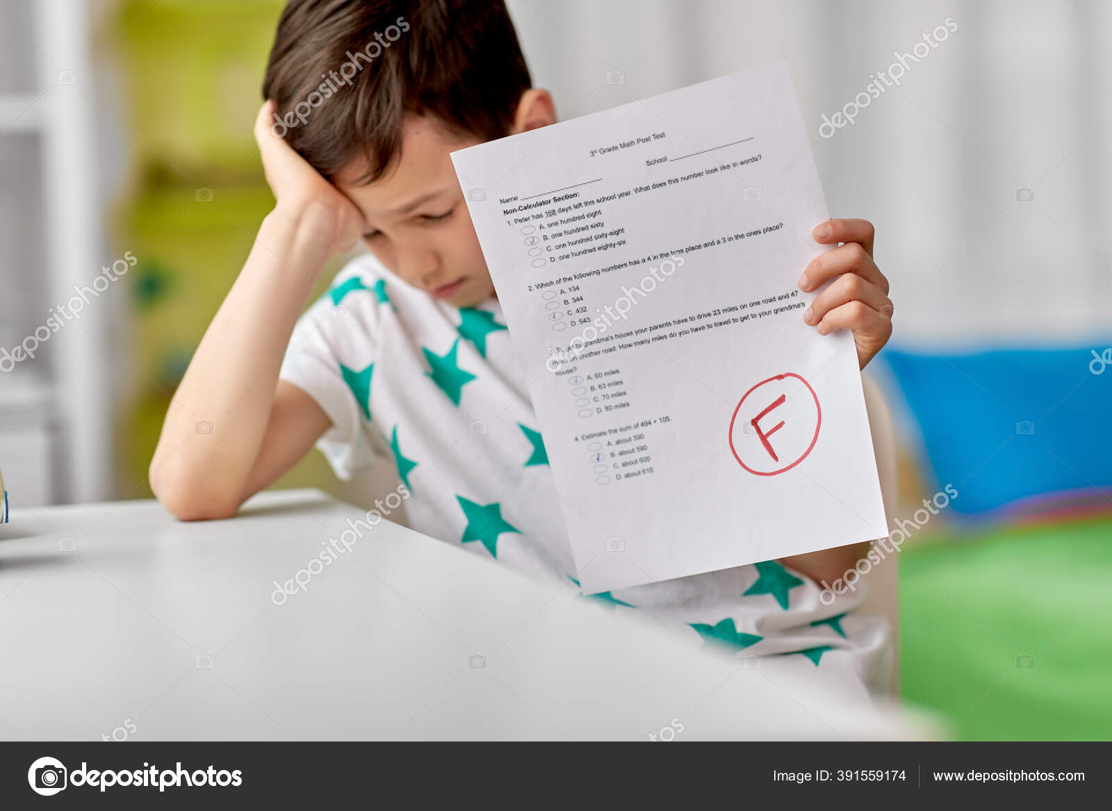 Sad student boy with failed school test at home Stock Photo by ©Syda ...