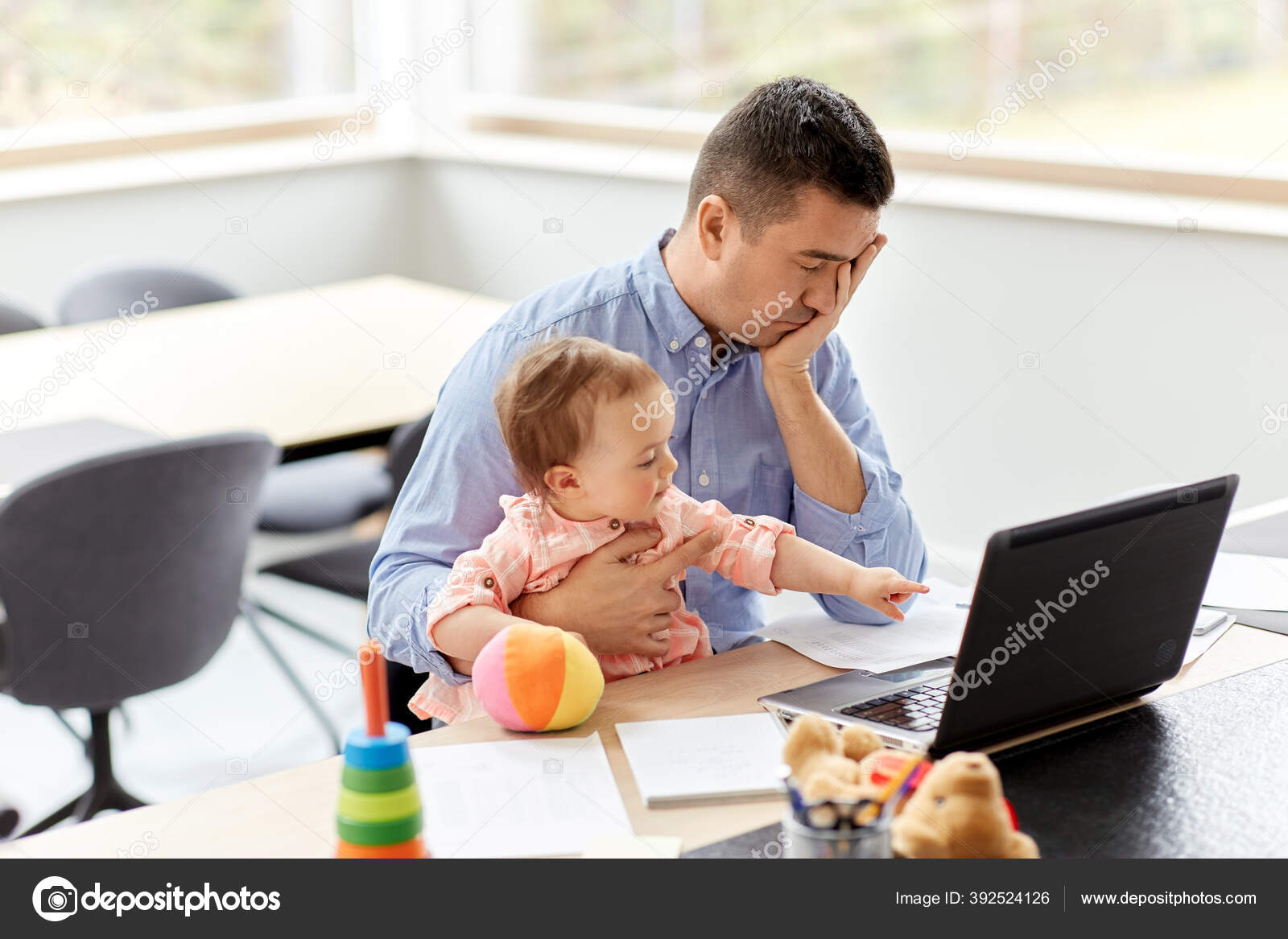Father with baby working on laptop at home office ⬇ Stock Photo, Image ...