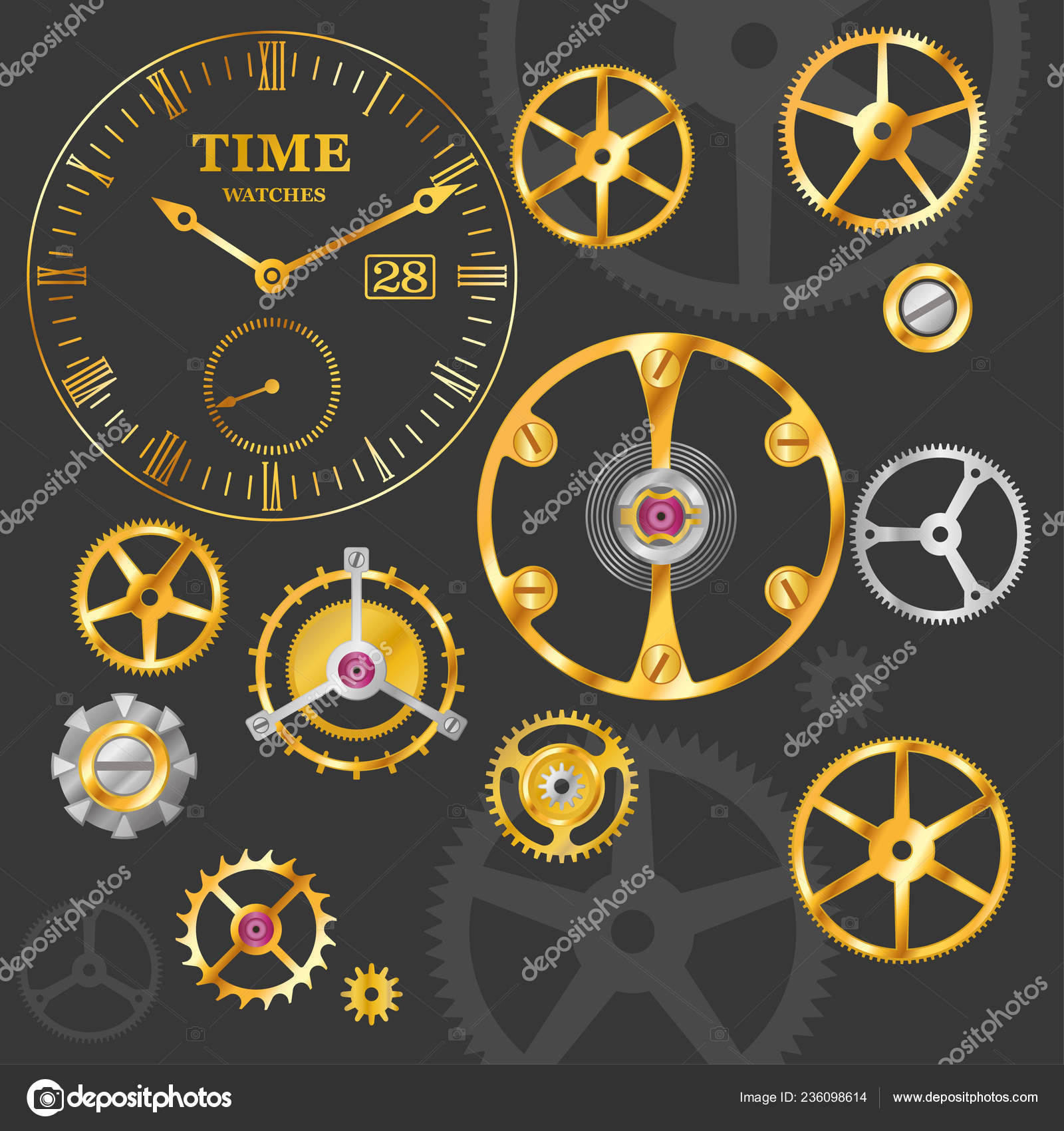 Clock mechanism. Cogs, gears and dial of clock on black background ...