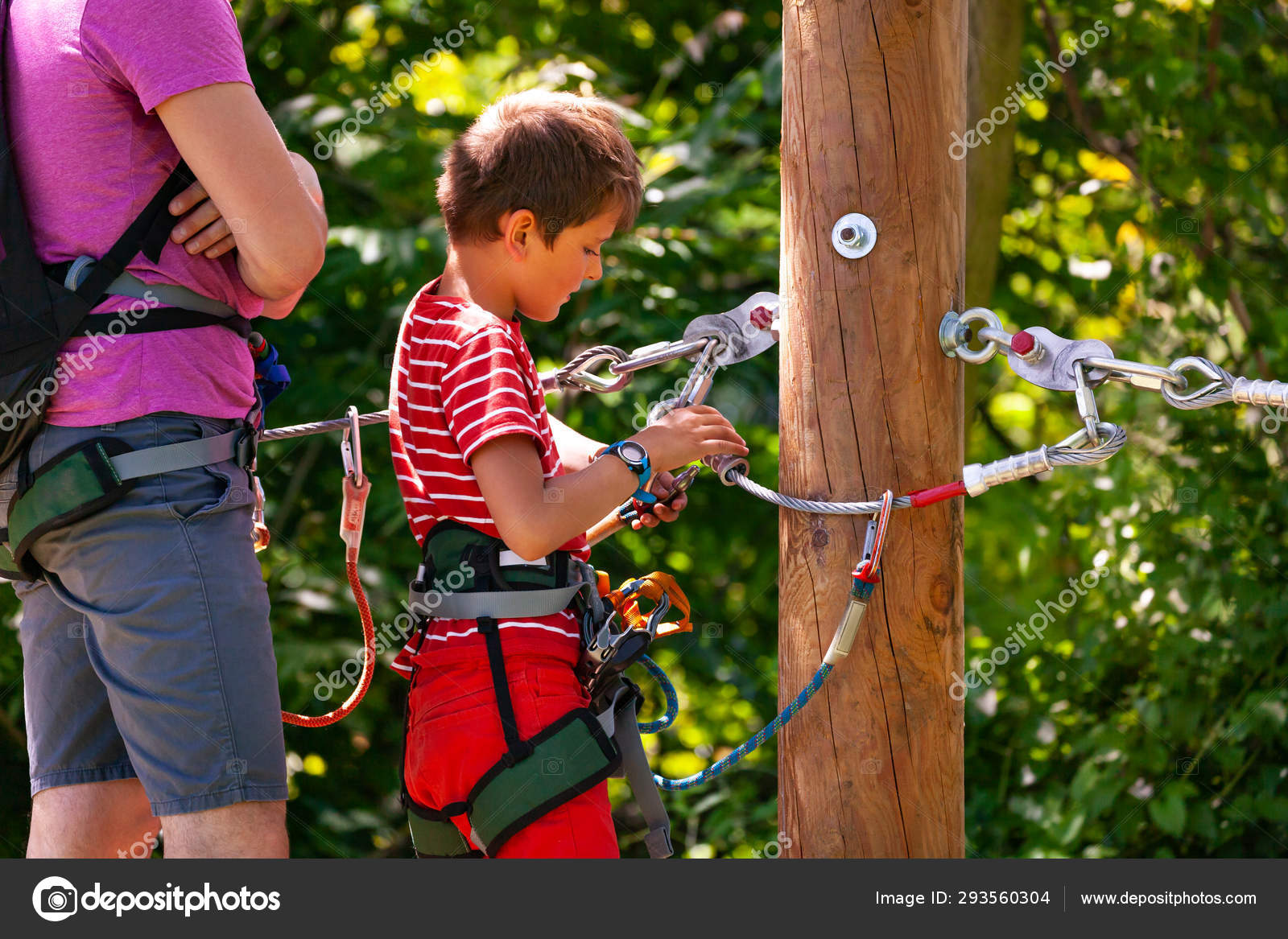 Instructor Teach Little Boy Use Safety Life Line Equipment Rope Stock ...