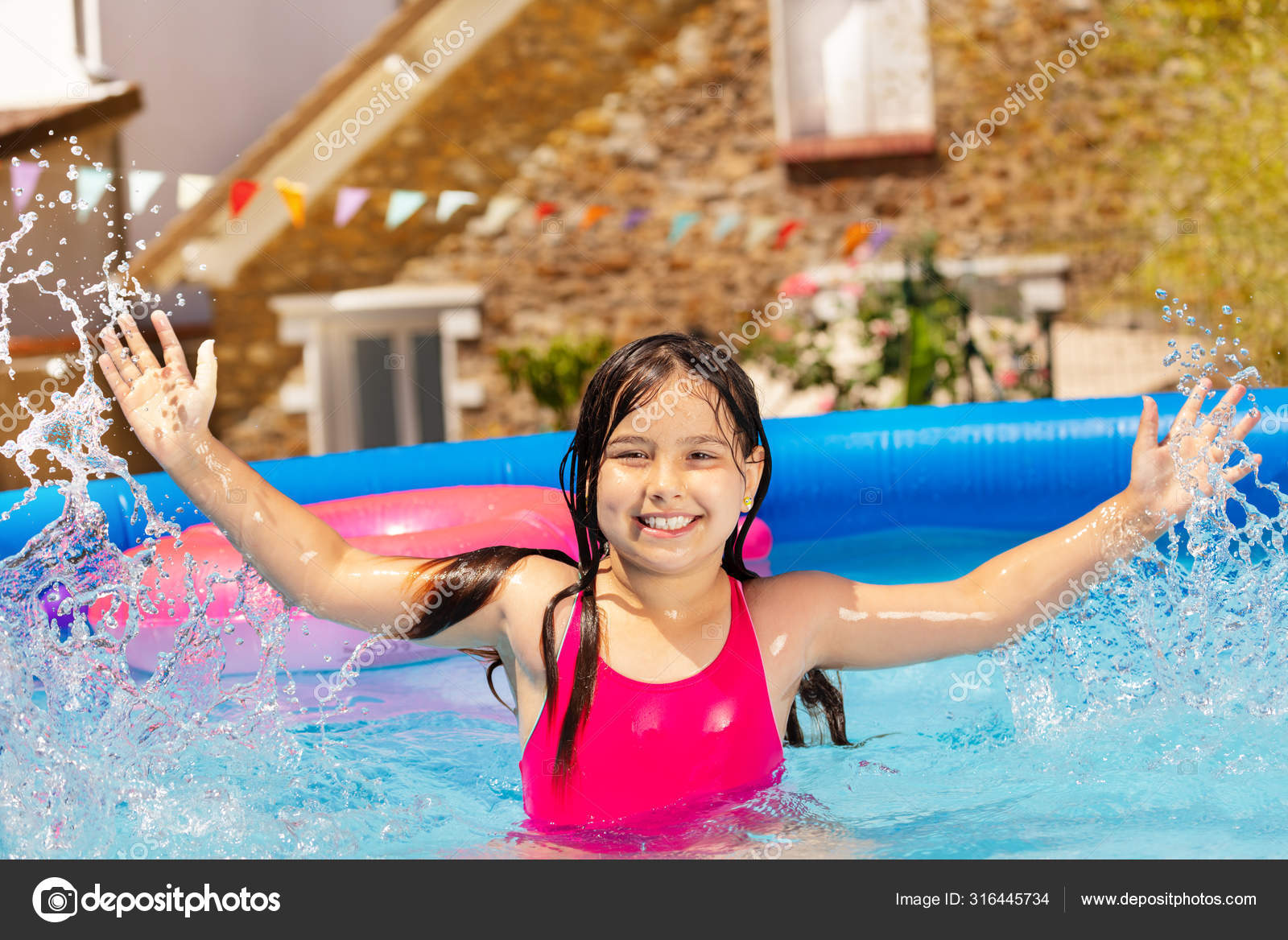 Happy Beautiful Caucasian Girl Splashing Portrait Swimming Pool