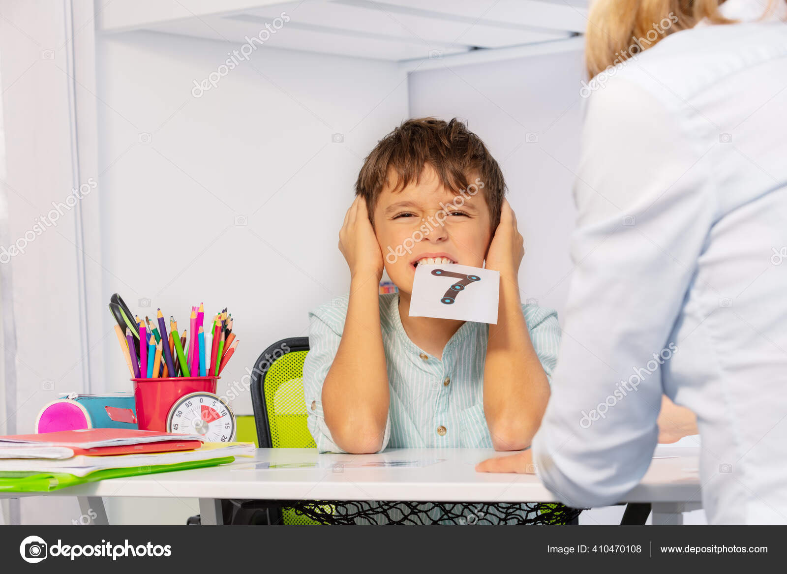 Autistic Child Bite Card Close Ears Hands Expressing Negative Emotions ...