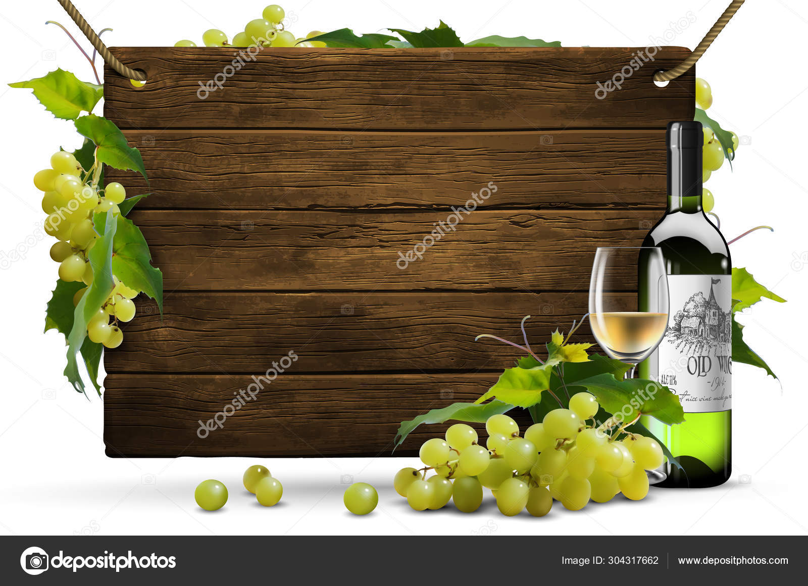 Wooden signboard with a bunch of grapes, a bottle of wine and a Stock ...