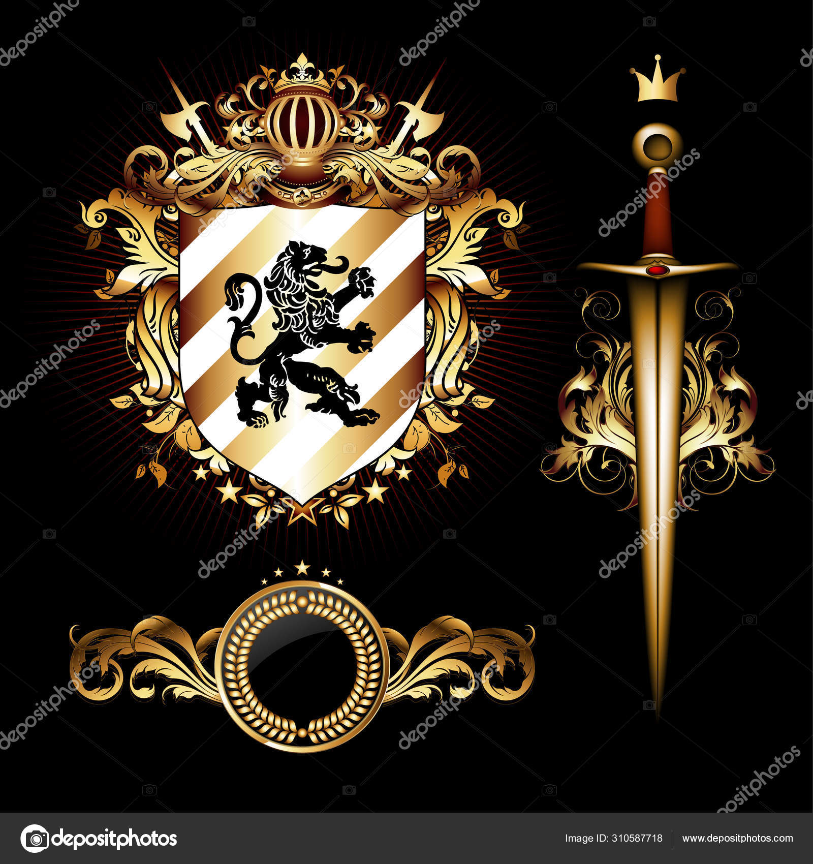 Set Of Heraldic Elements Shield And Saber 3d Vector High Deta Stock
