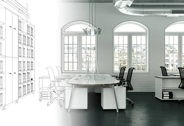 Interior Design big Office Room with desks custom Drawing Stock Photo ...