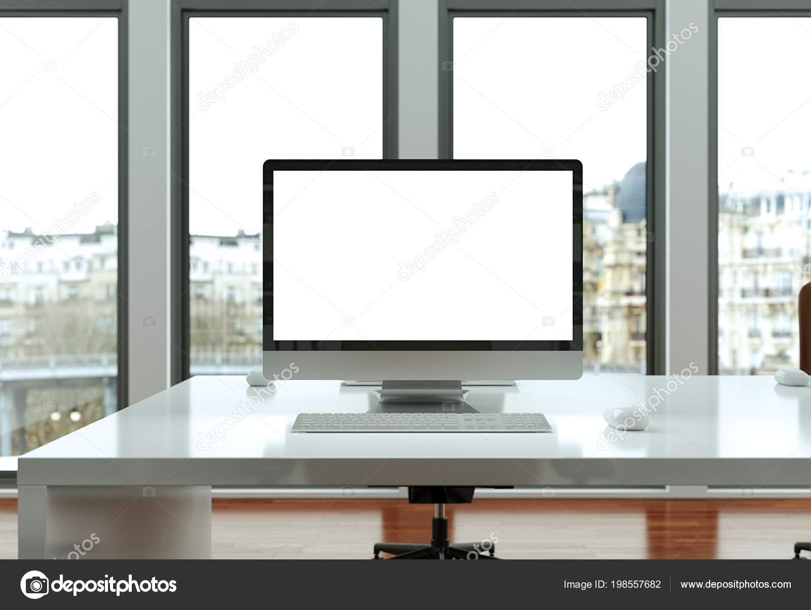 Desktop Computer Mock-up with white Screen Stands on the Office Desk ...