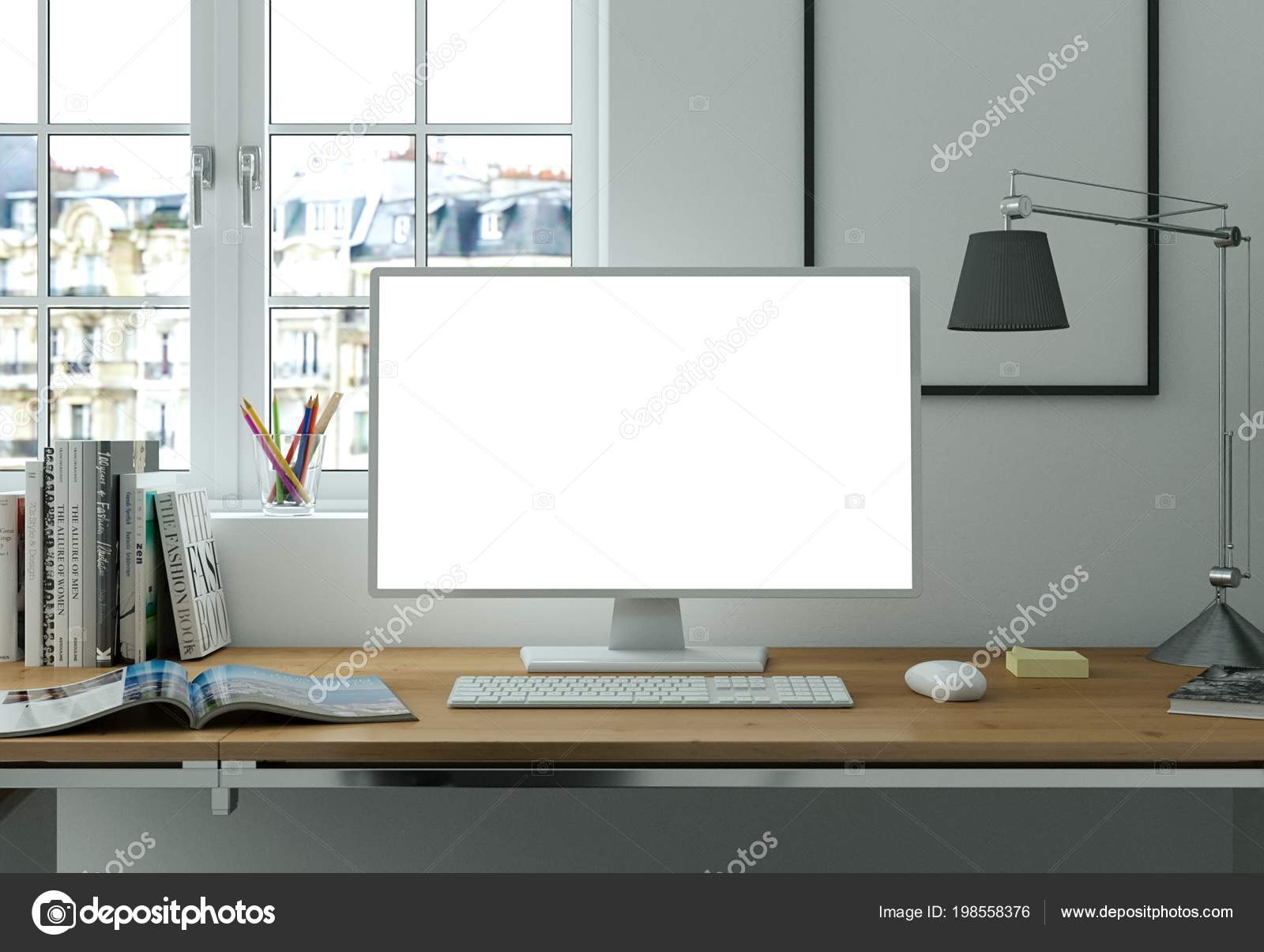 Desktop Computer Mock-up with white Screen Stands on the Office Desk ...