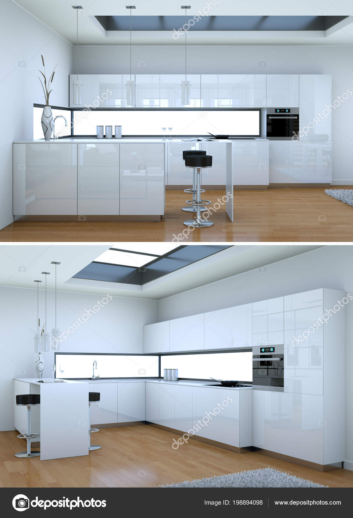 Two views of modern white kitchen Interior design — Stock Photo ...