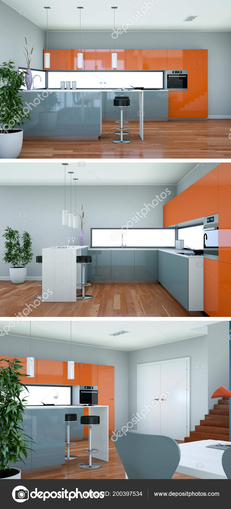 Three views of a modern kitchen with a beautiful design — Stock Photo ...
