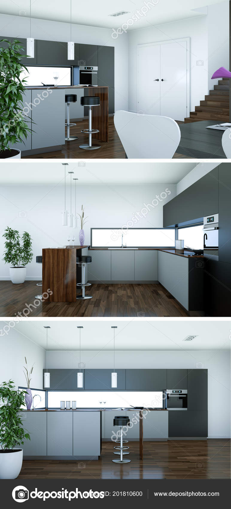 Three views of a modern kitchen with a beautiful design — Stock Photo ...
