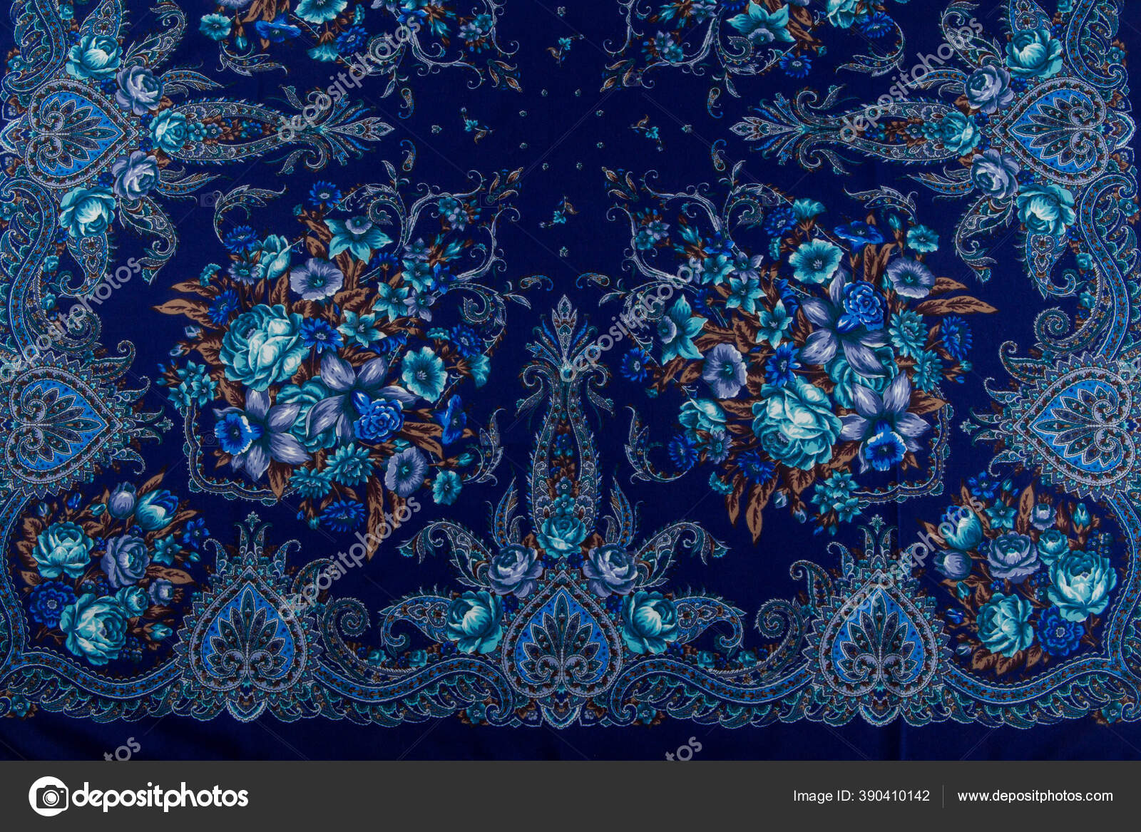 Horizontal Top View Part Bright Blue Paisley Floral Pattern Dark Stock ...