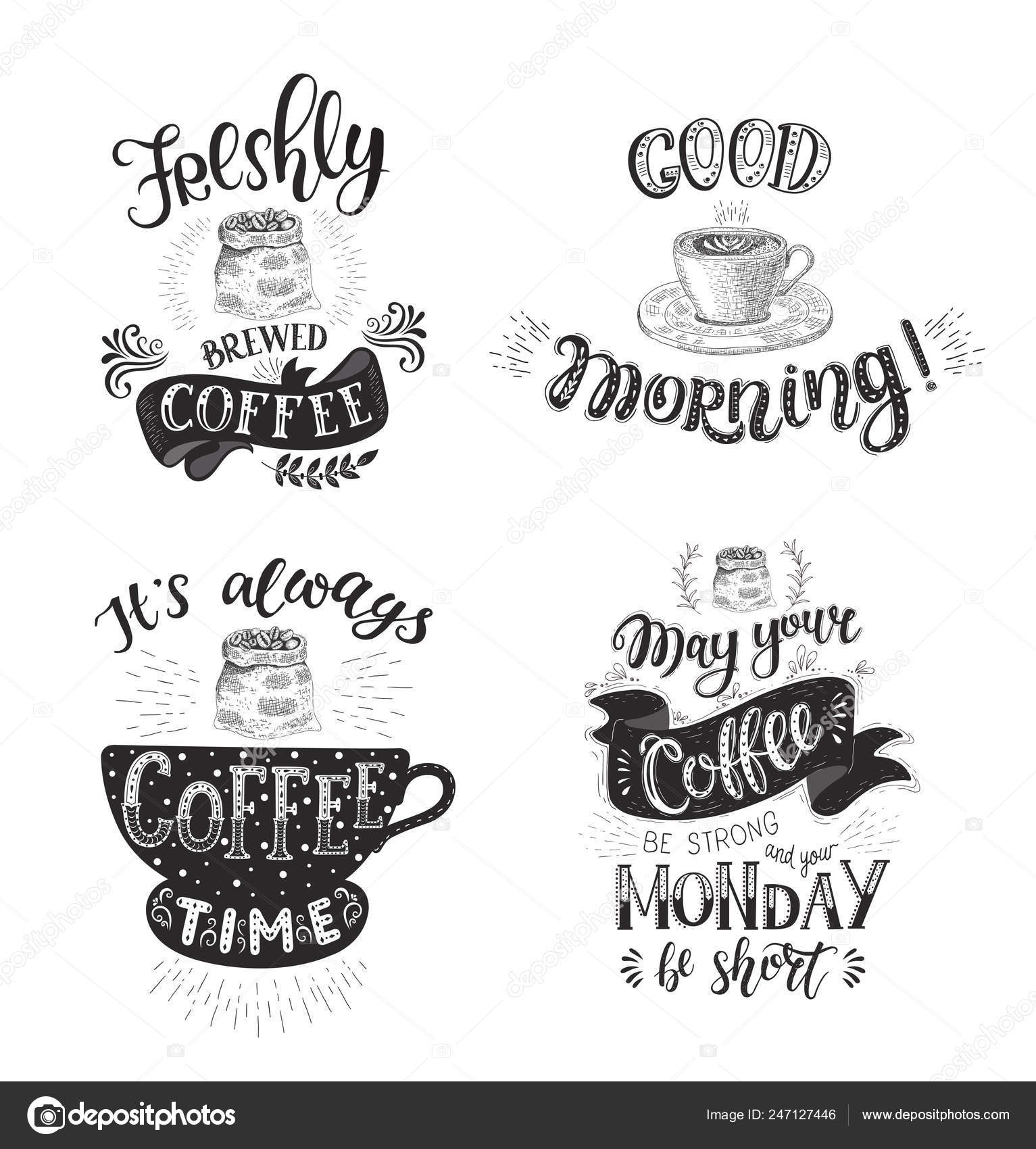 Conjunto de citas de café. Letras dibujadas a mano vectoriales . Vector ...