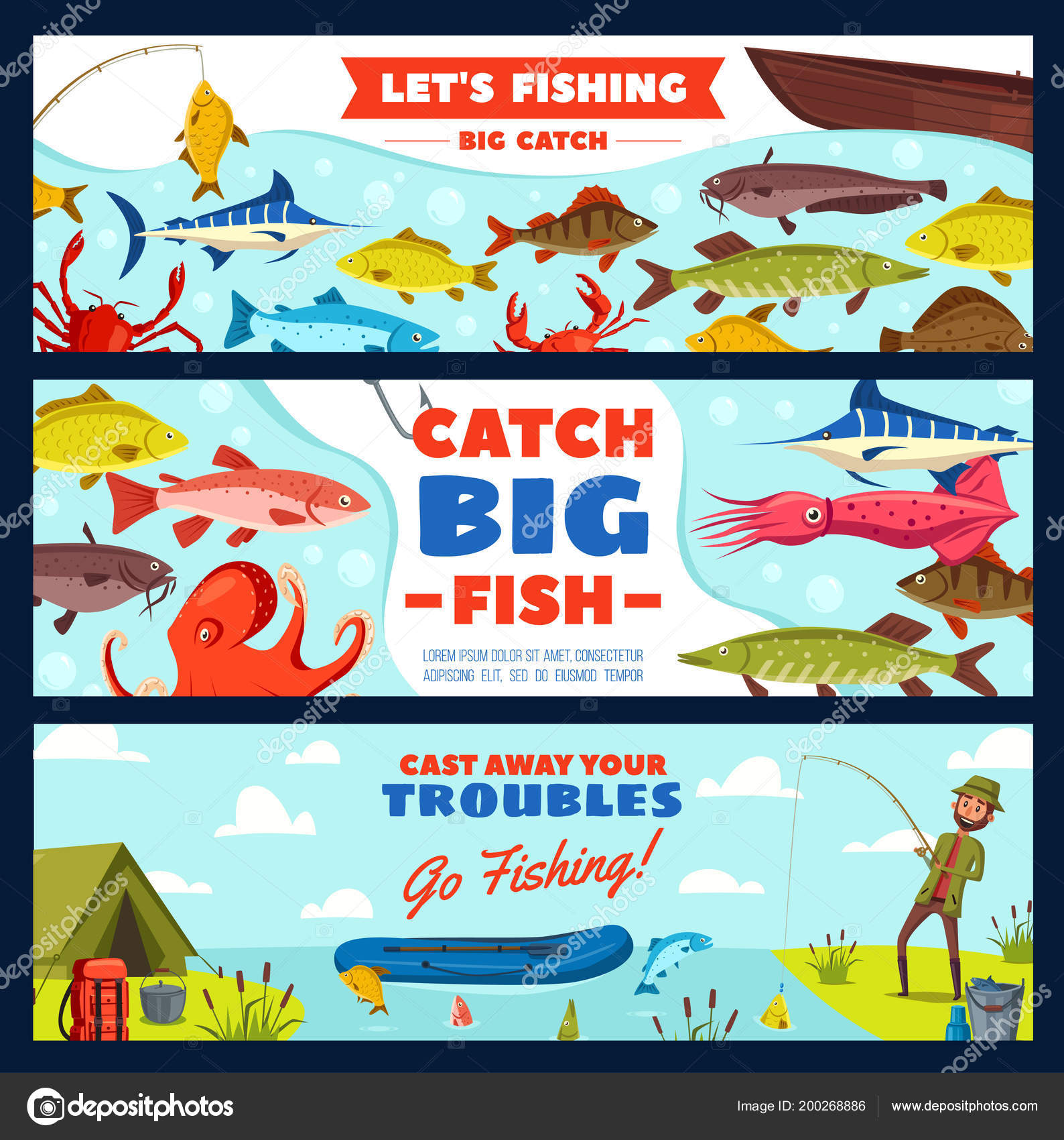 Fishing banner with fisherman, fish, rod and hook Stock Vector by ...