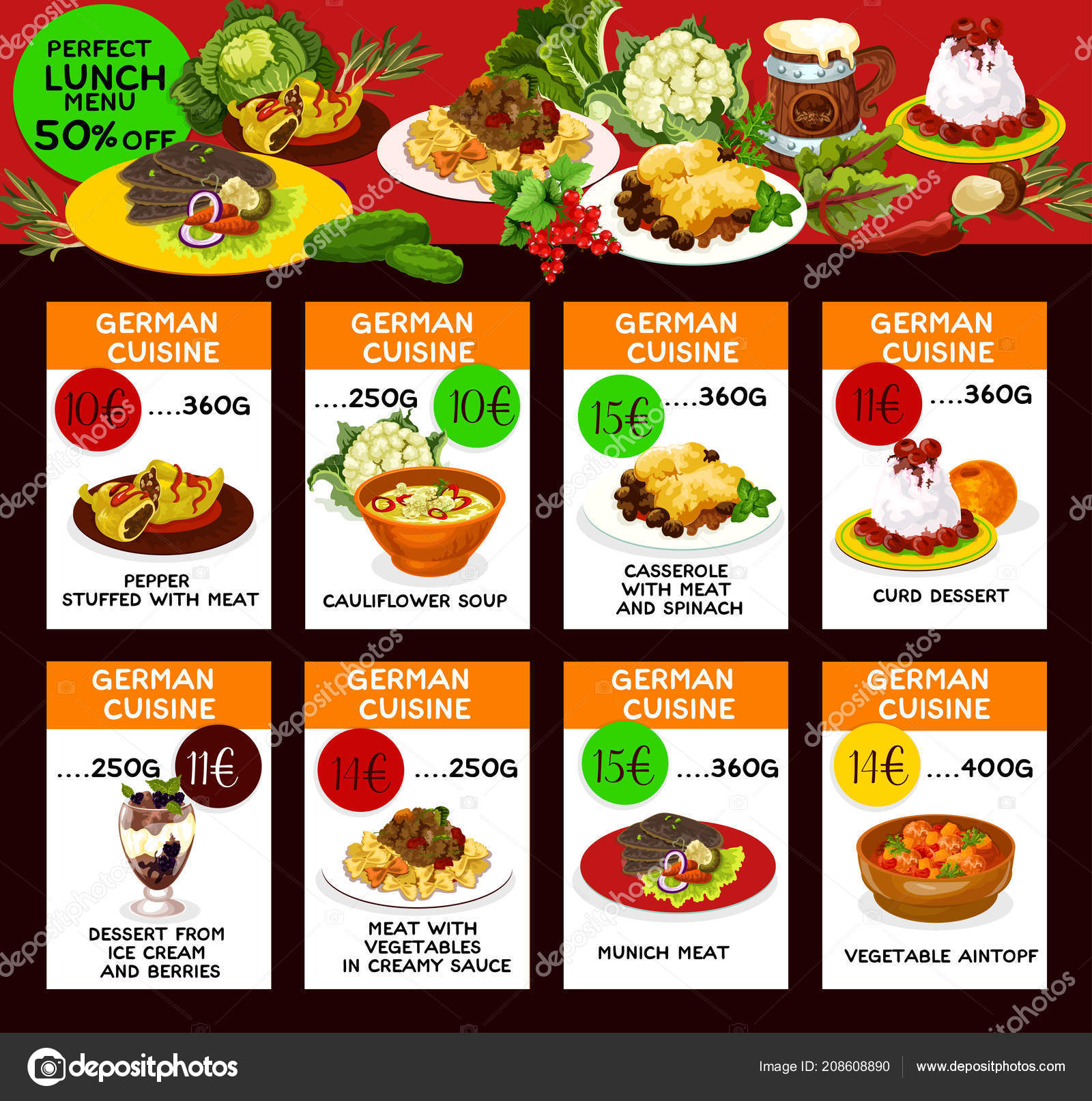 Lunch menu cards with German cuisine food Stock Vector Image by ...