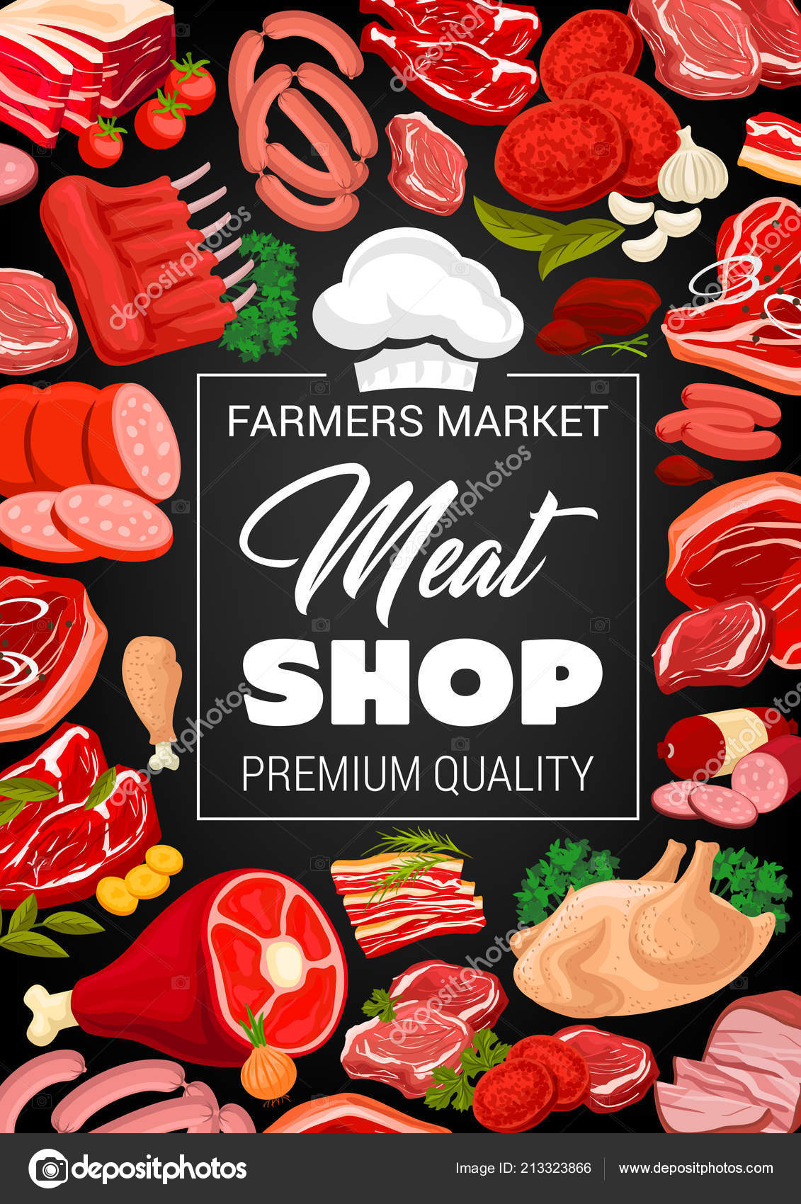 Butchery shop poster with raw meat and sausages Stock Vector by ...