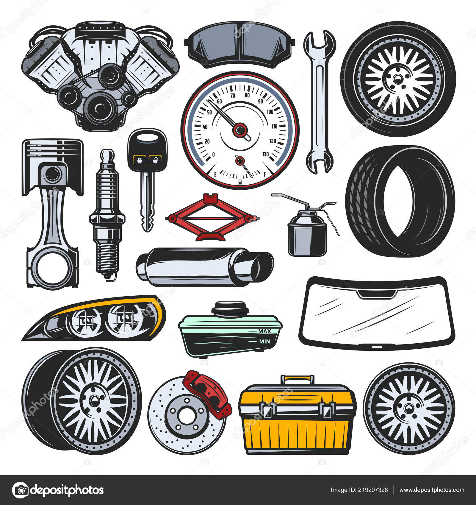 Car Auto Parts Icons Tools Vector Engine Valves Brake Pads Stock Vector ...