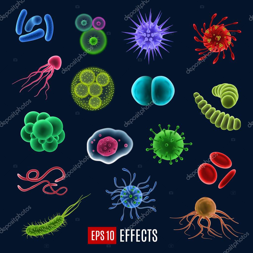 Gérmenes vectoriales, bacterias e iconos de virus 2024