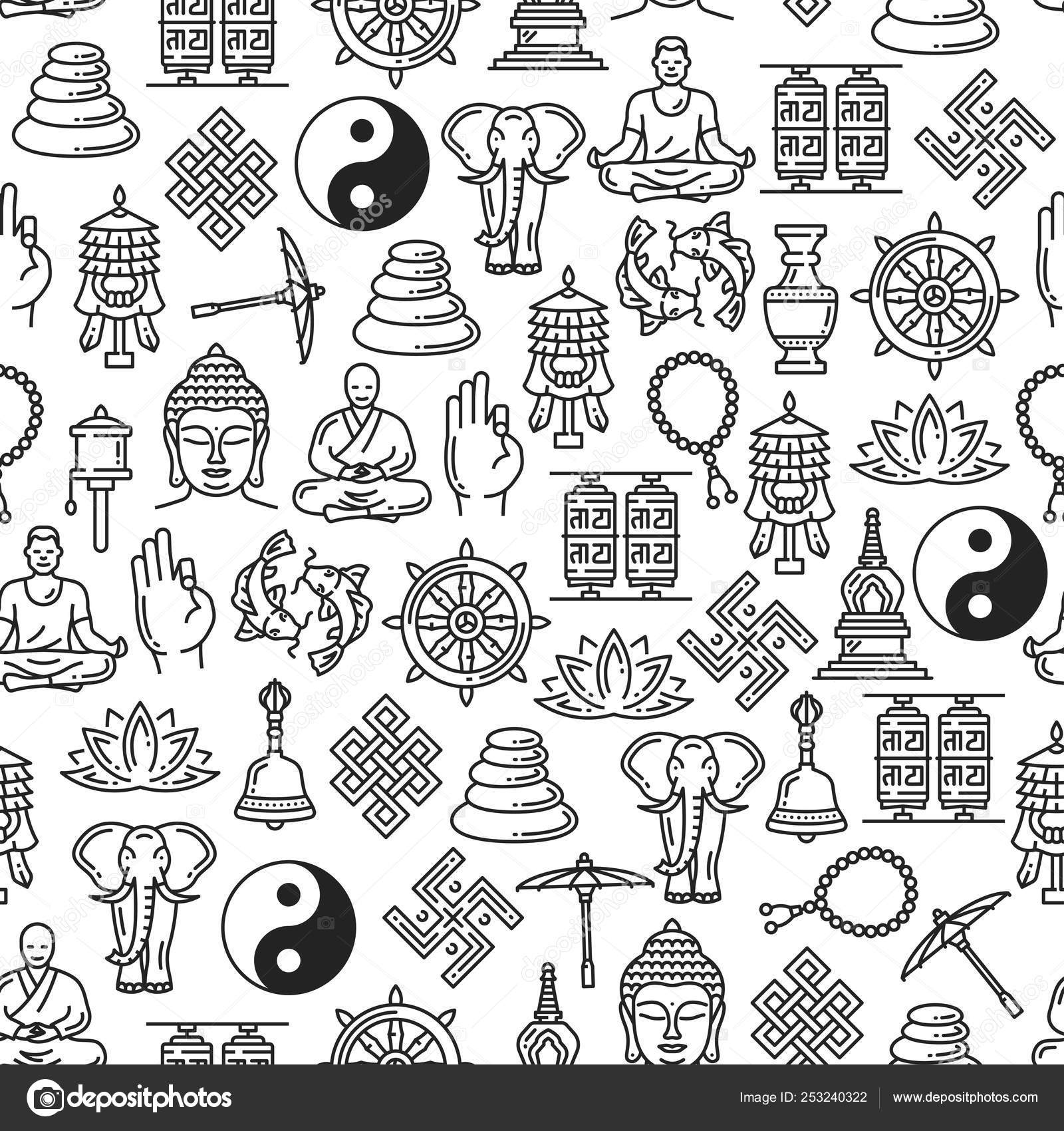 Buddhism religion line symbols seamless pattern Stock Vector by ...