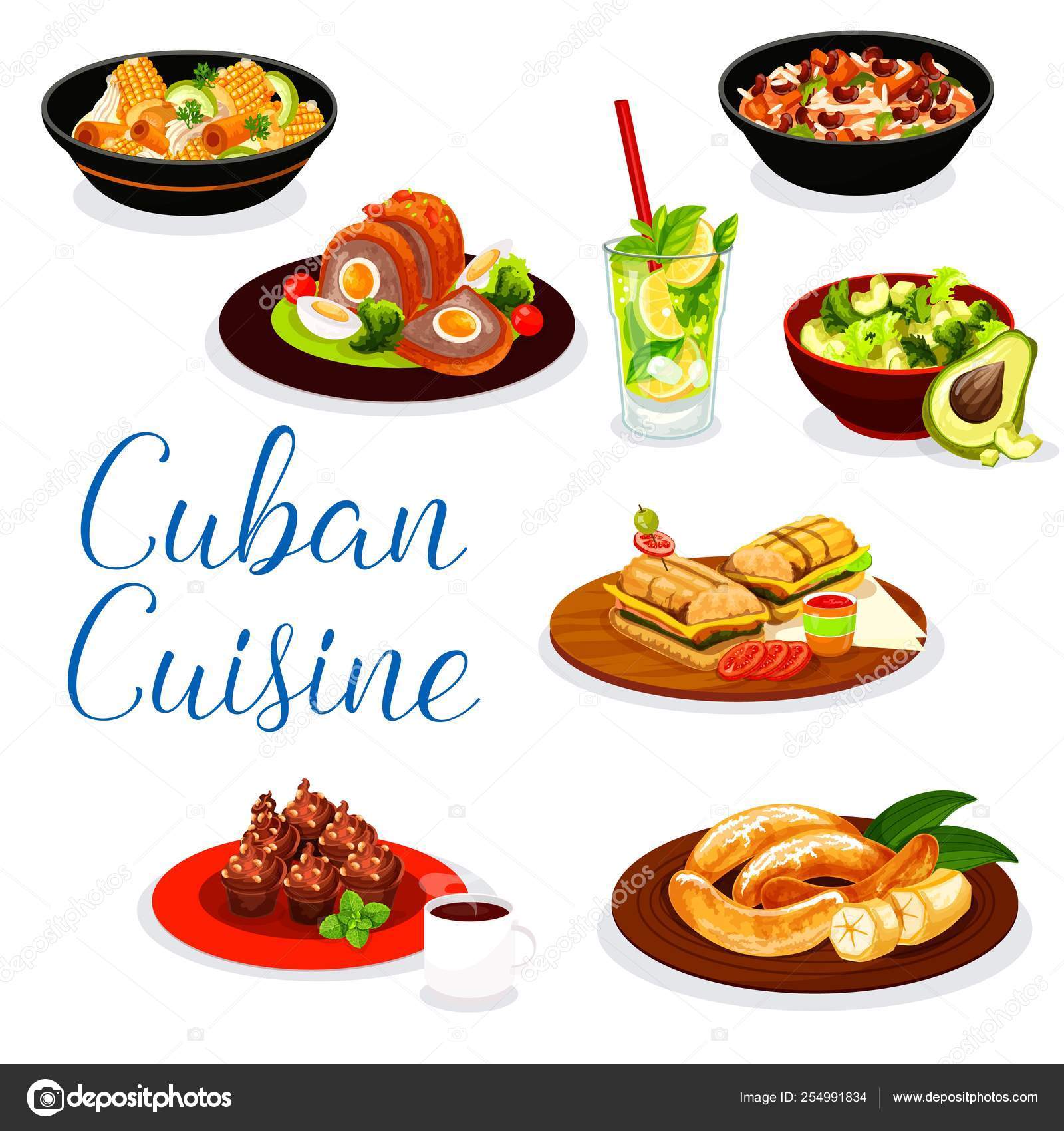 Cuban meat dishes with dessert and drinks Stock Vector Image by ...