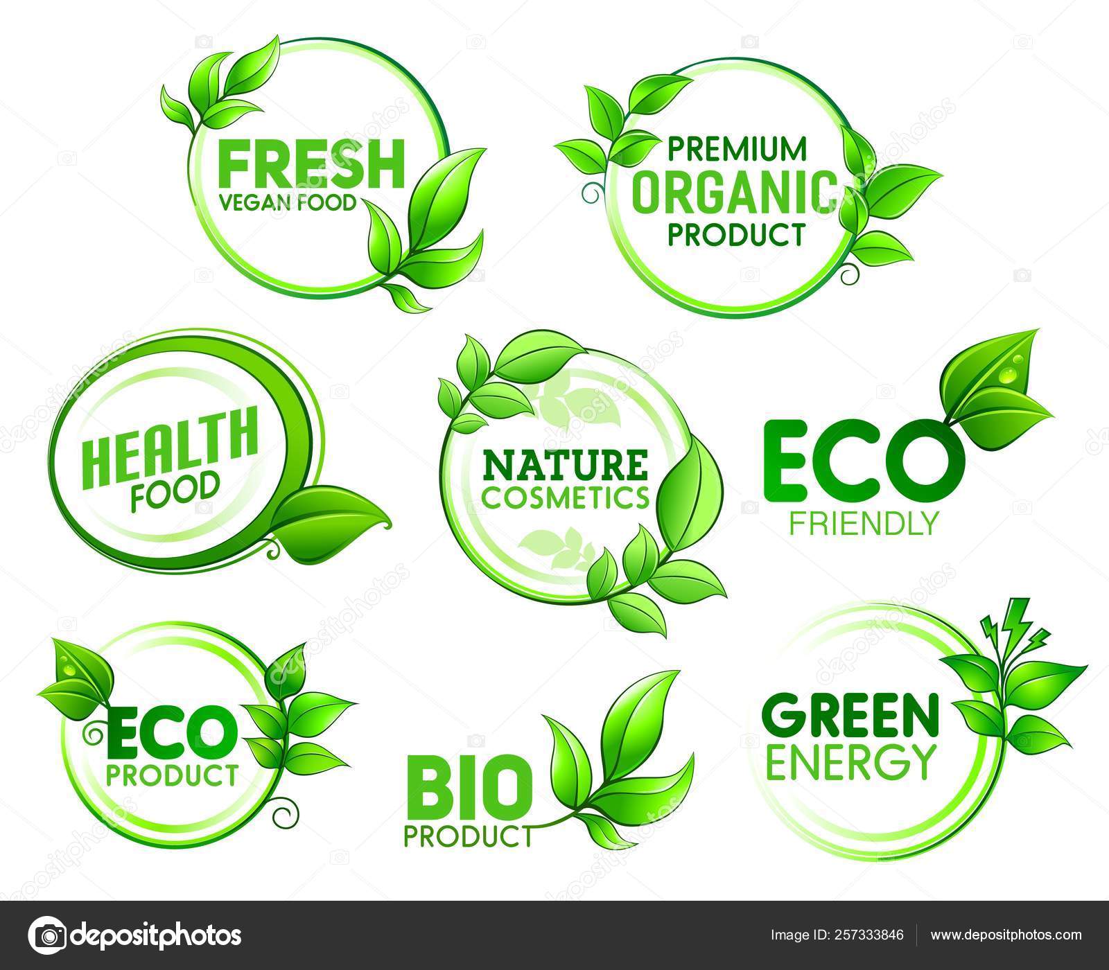 Eco, bio, icônes de produits biologiques avec des feuilles vertes Stock ...