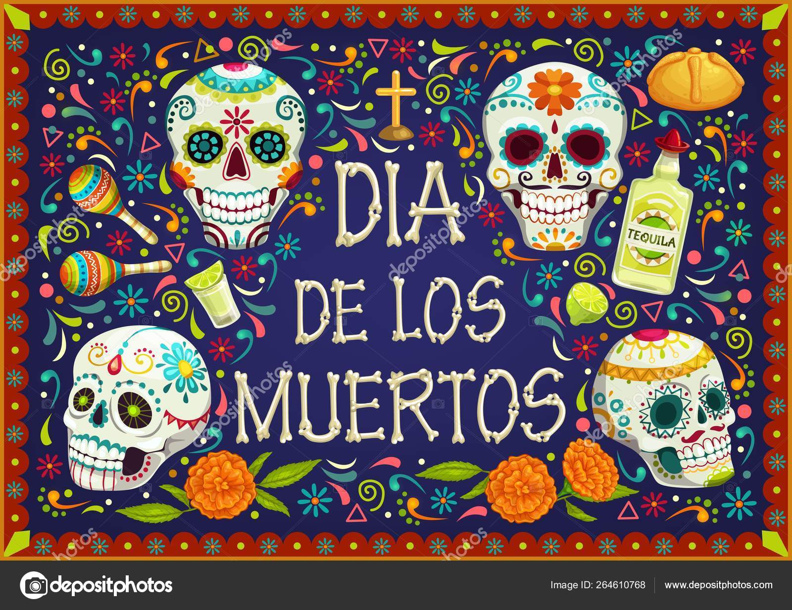 Mexican holiday flowers, Dia de los muertos skulls Stock Vector Image ...