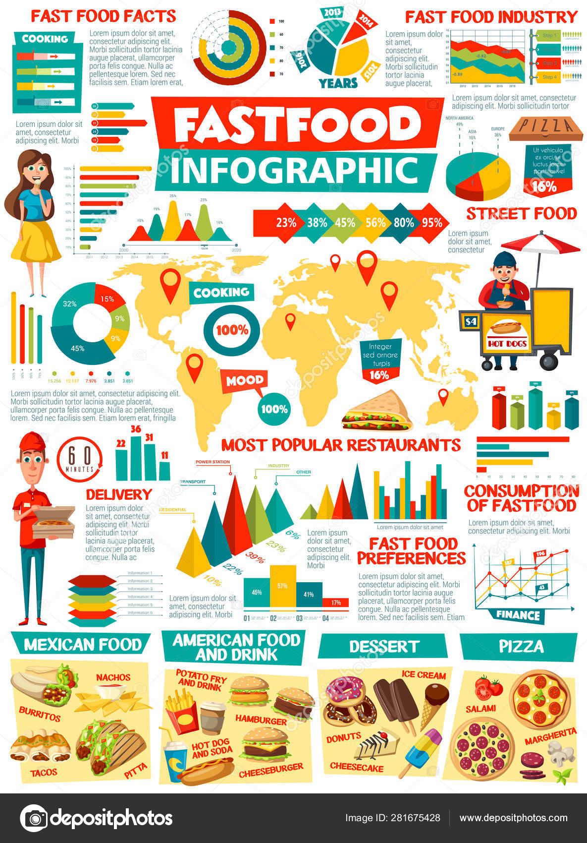 Fast food infographic, burger, pizza, drink charts — Stock Vector ...