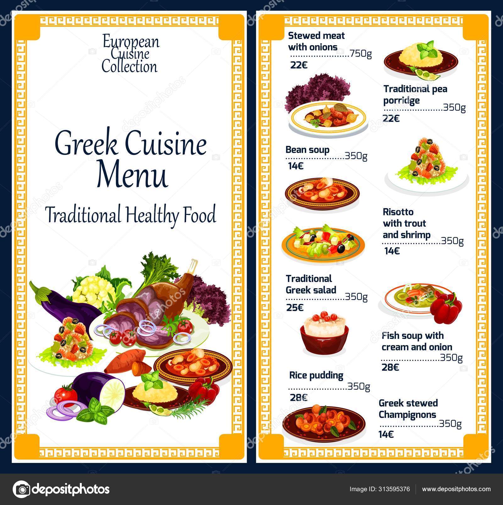 Greek restaurant menu with seafood, meat, veggies Stock Vector by ...