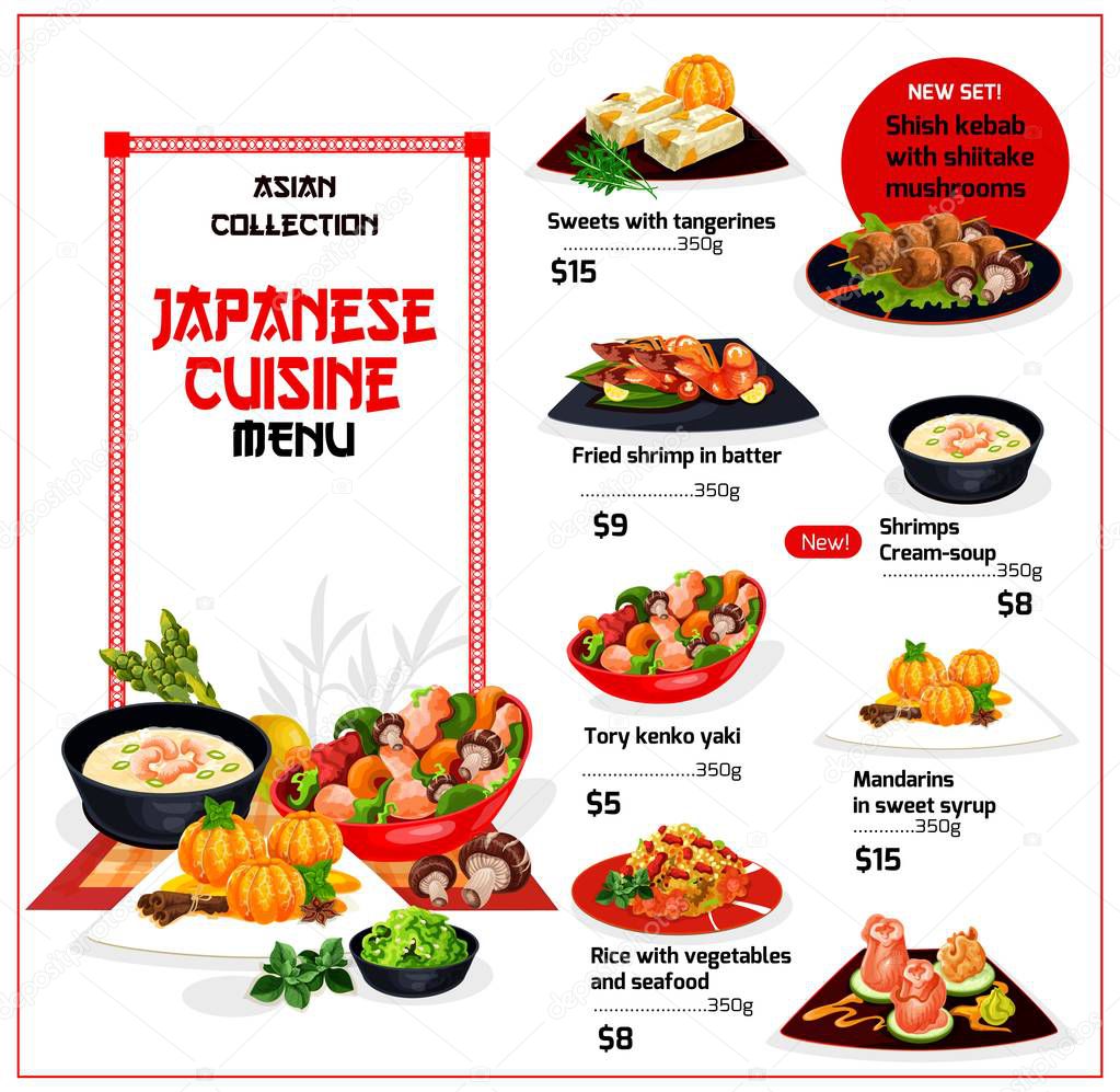 Menú japonés con platos de mariscos, postre de frutas 2022