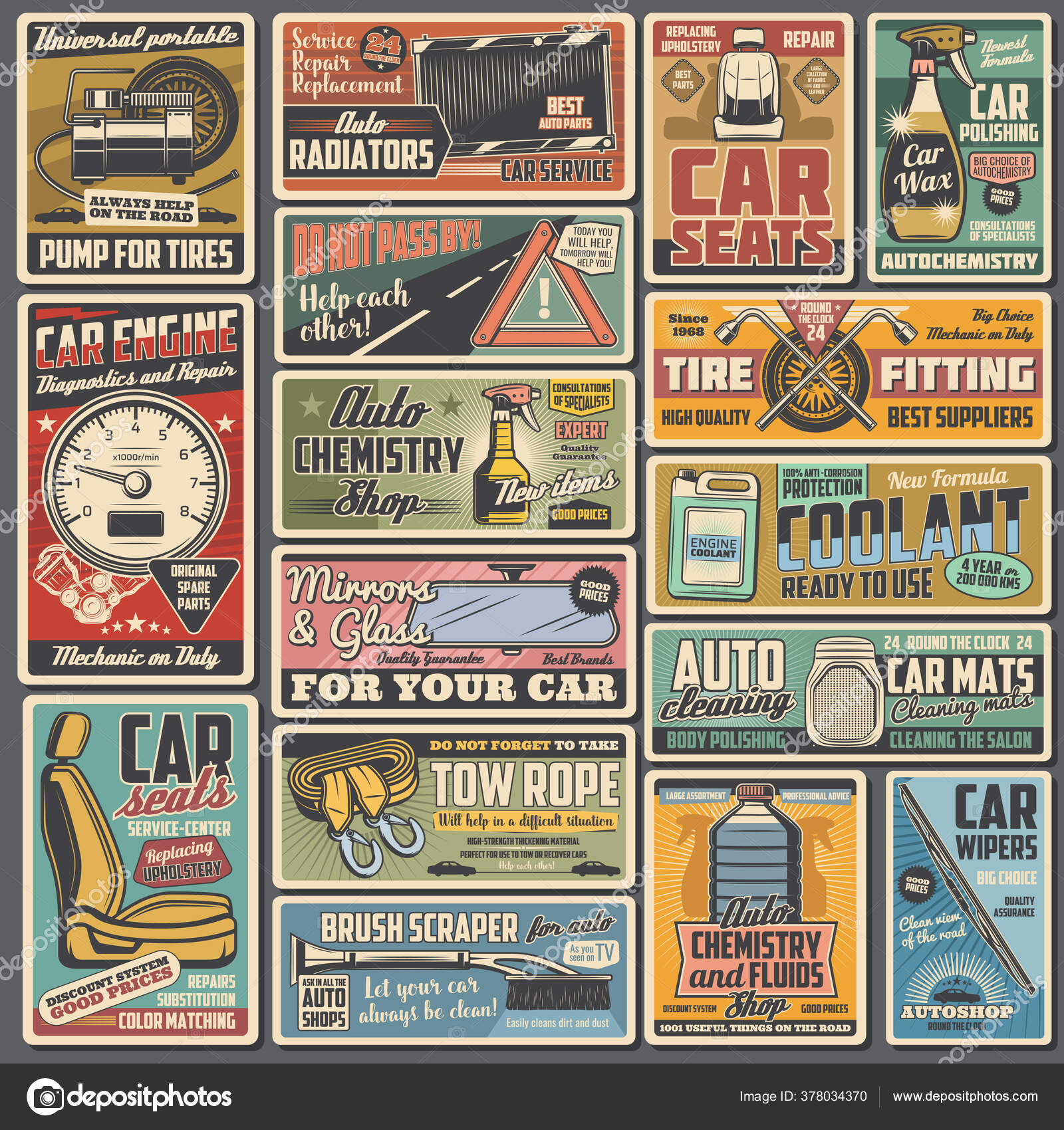 Auto Service Retro Posters Vector Car Repair Tuning Spare Parts Stock ...
