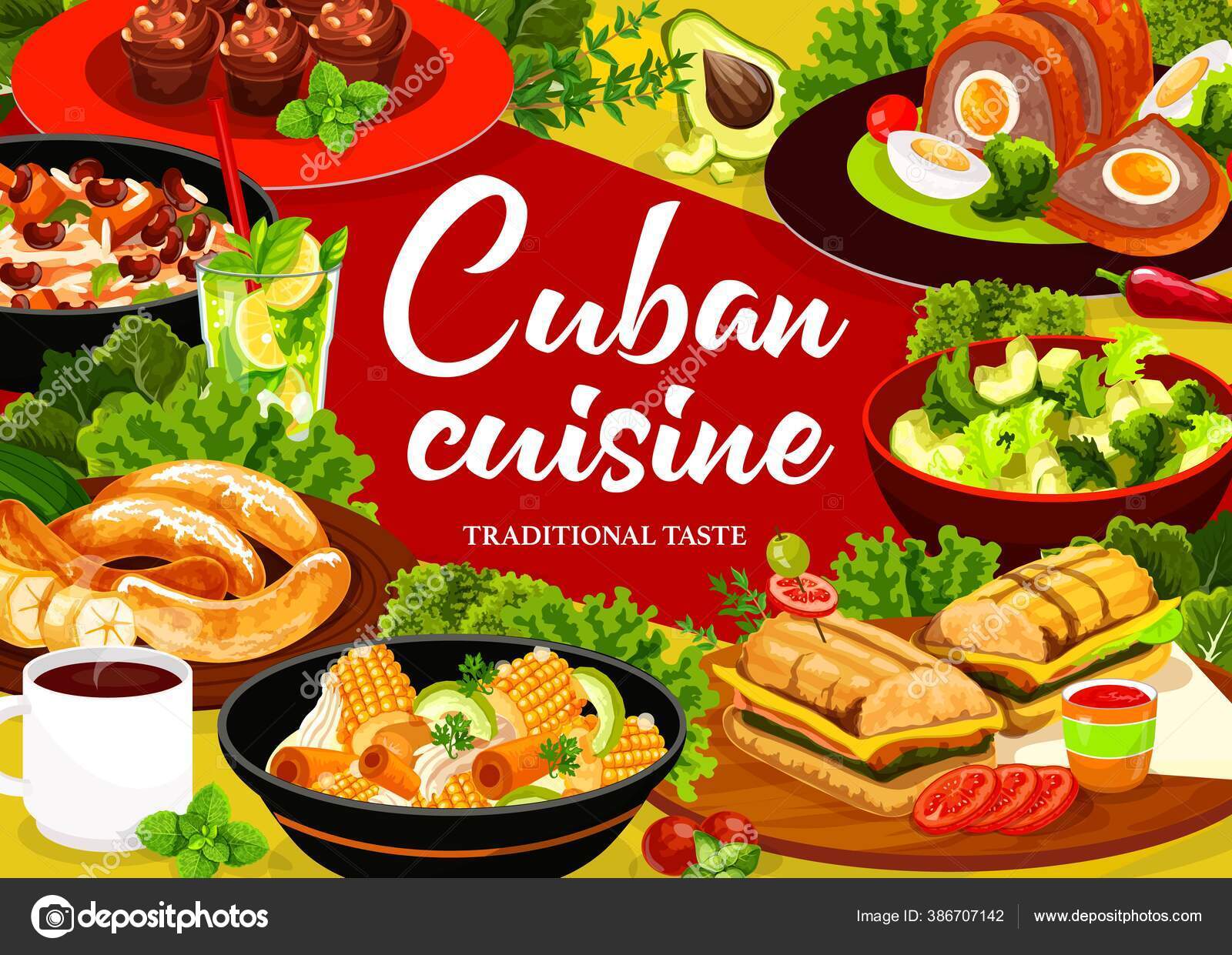 Cuban Cuisine Vector Poster Restaurant Meals Menu Cuban Sandwich Arroz ...