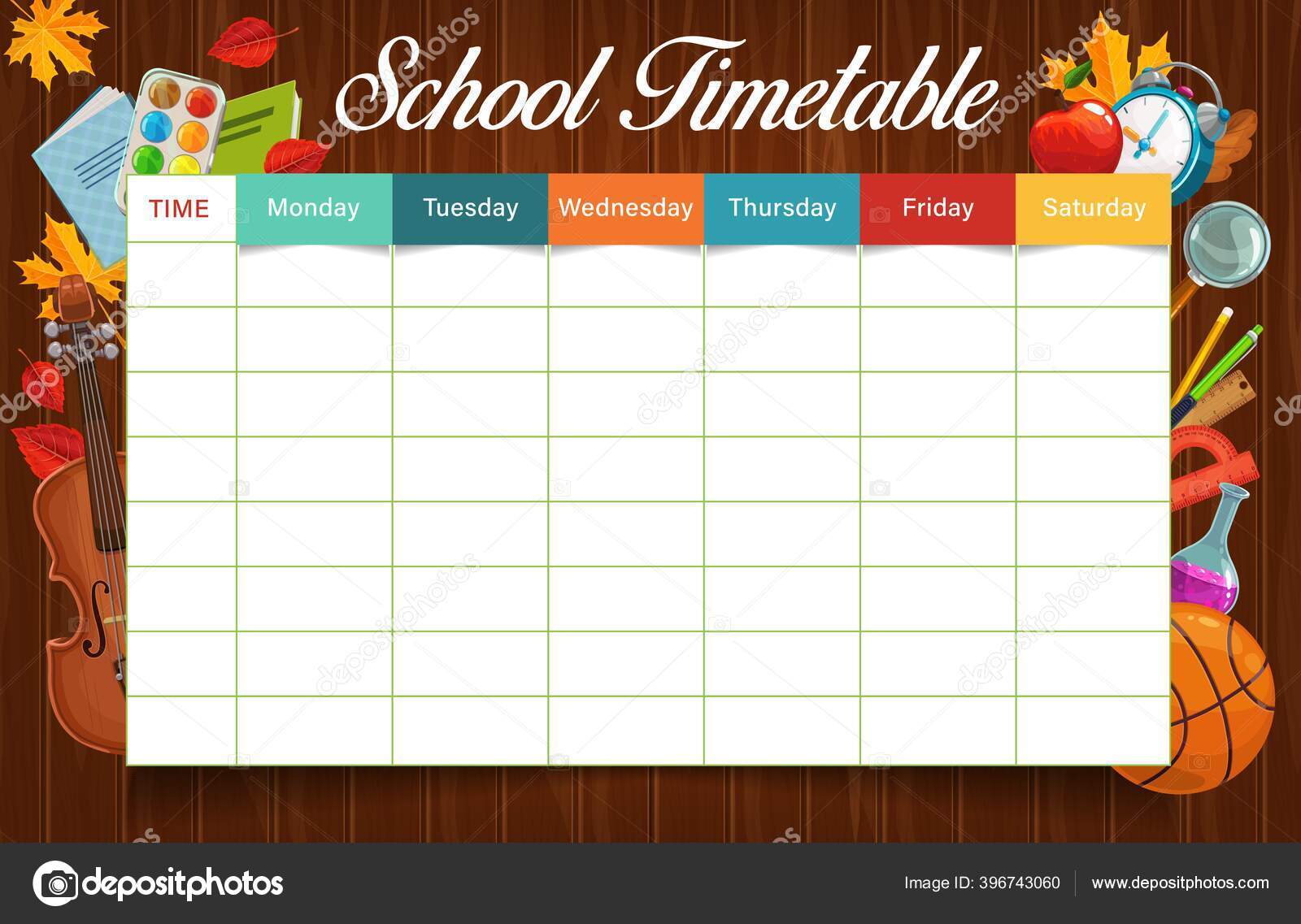 Education Timetable Schedule School Supplies Vector Template Weekly ...