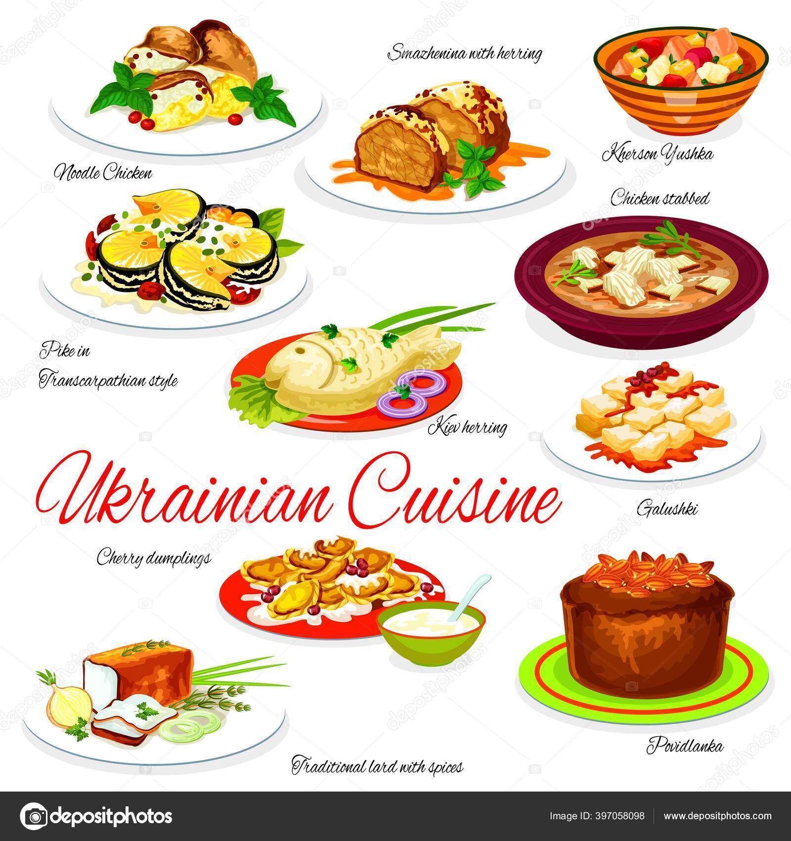 Ukraine Food Menu Vector Noodle Chicken Smazhenina Herring Kherson ...