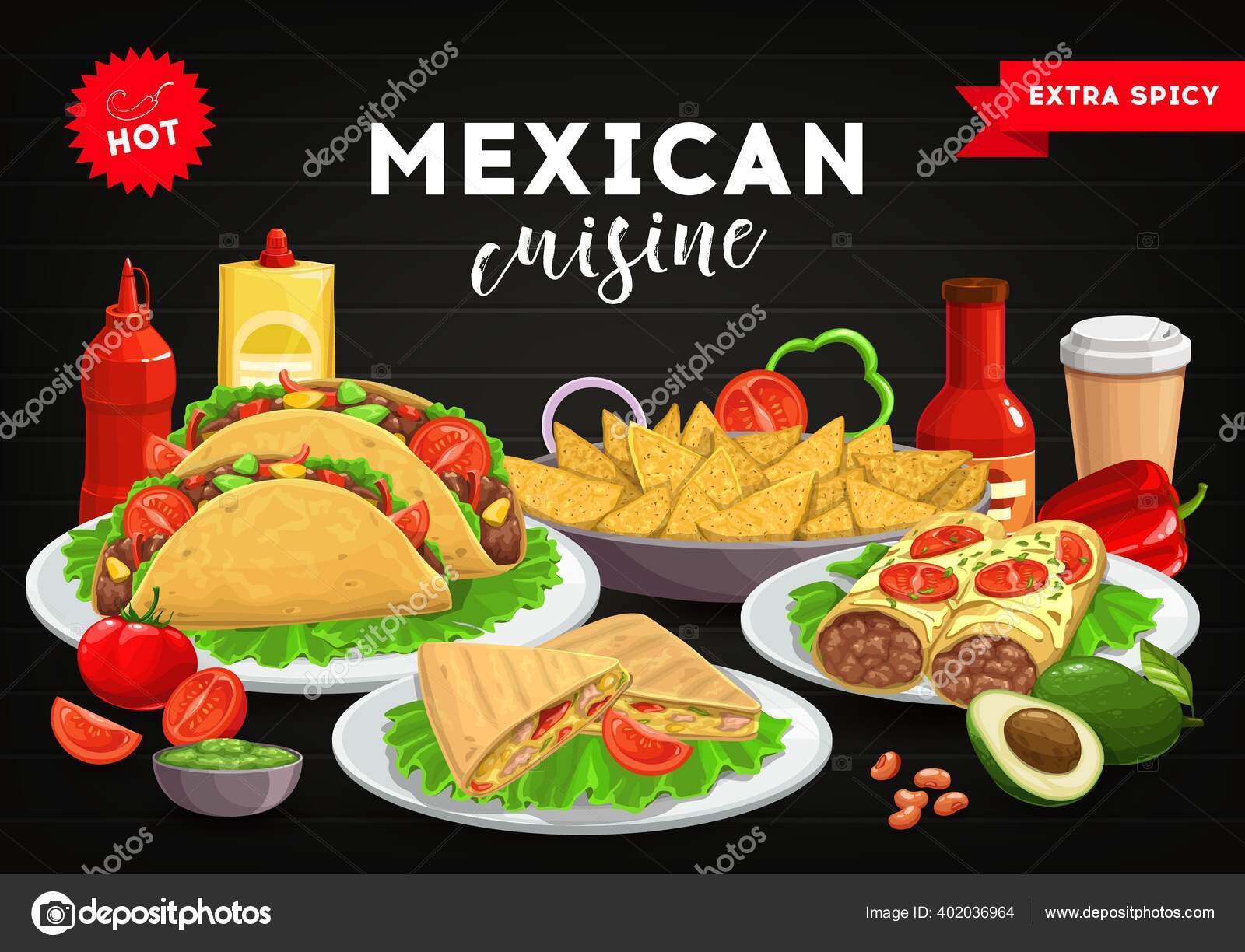 Mexican Cuisine Menu Cover Mexico Food Tacos Spicy Burrito Vector Stock ...